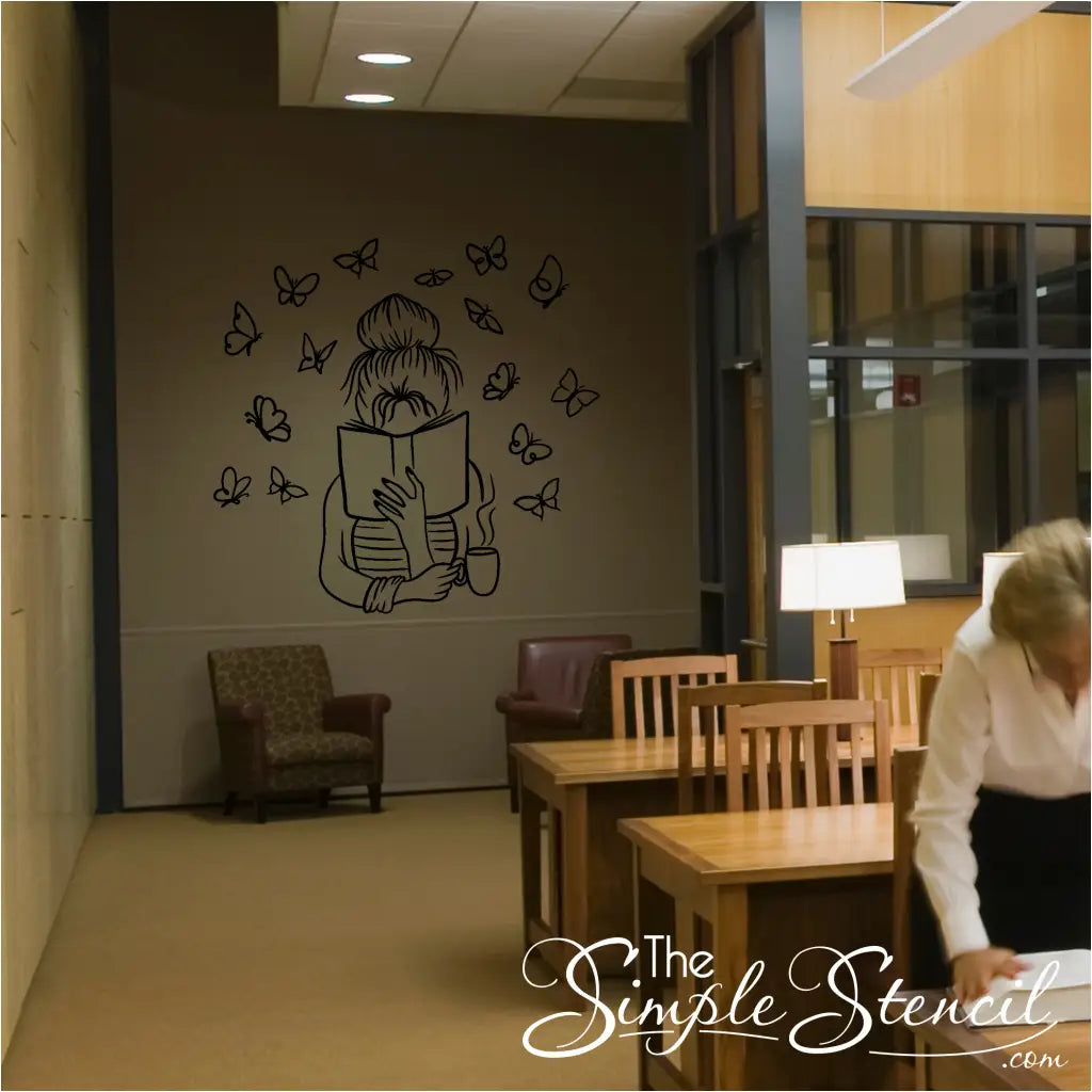 Girl Reading Books & Butterflies Wall Decal - Classroom Library Home ...